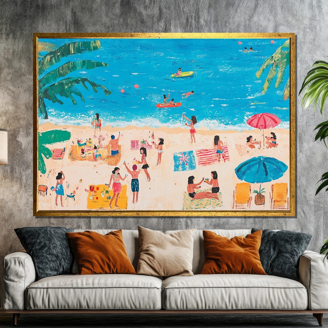 Vibrant Beach Scene Canvas Painting | Fun Summer Beach Day Art Gift ...