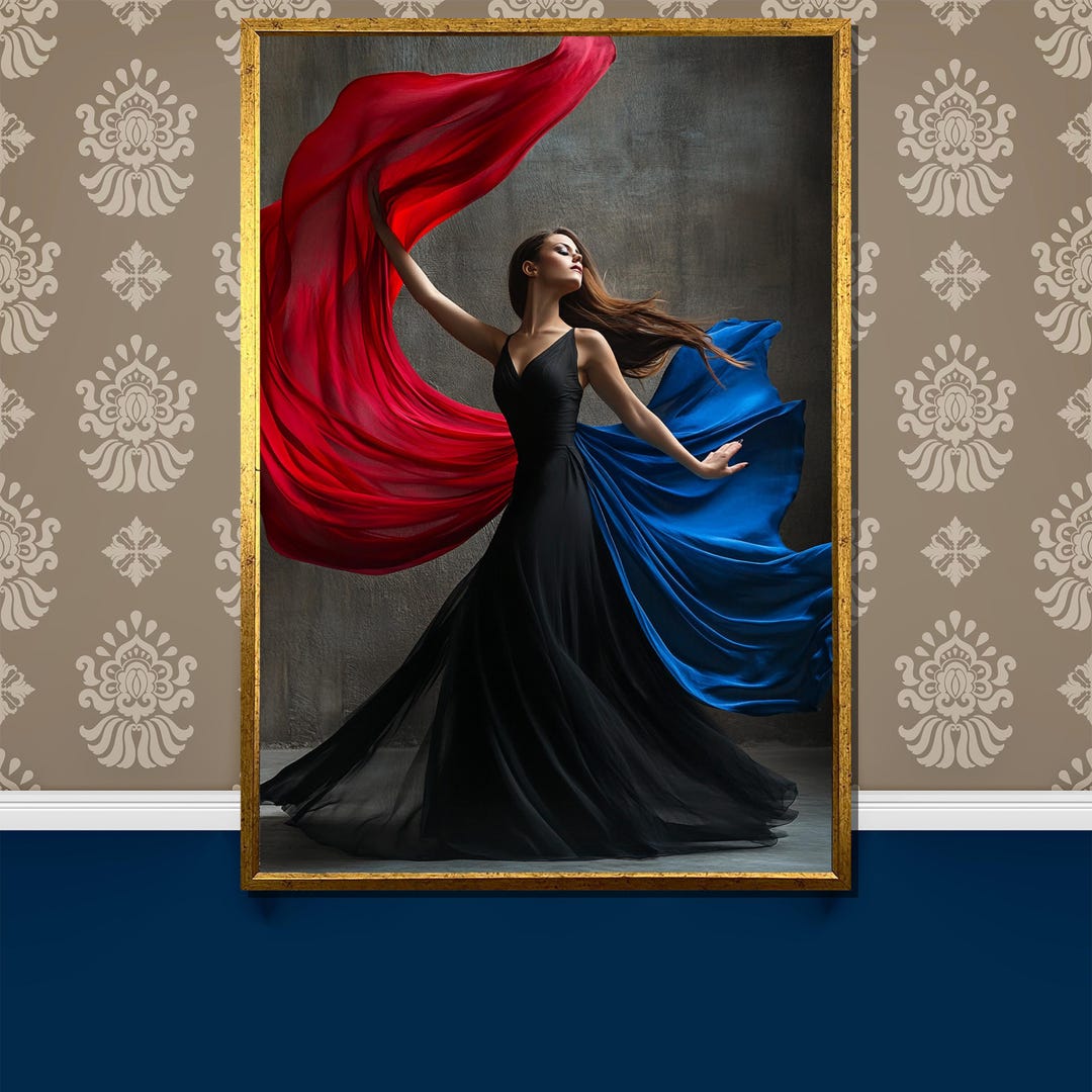 Elegant Dancer Canvas Painting - Dynamic Red and Blue Flowing Dress ...