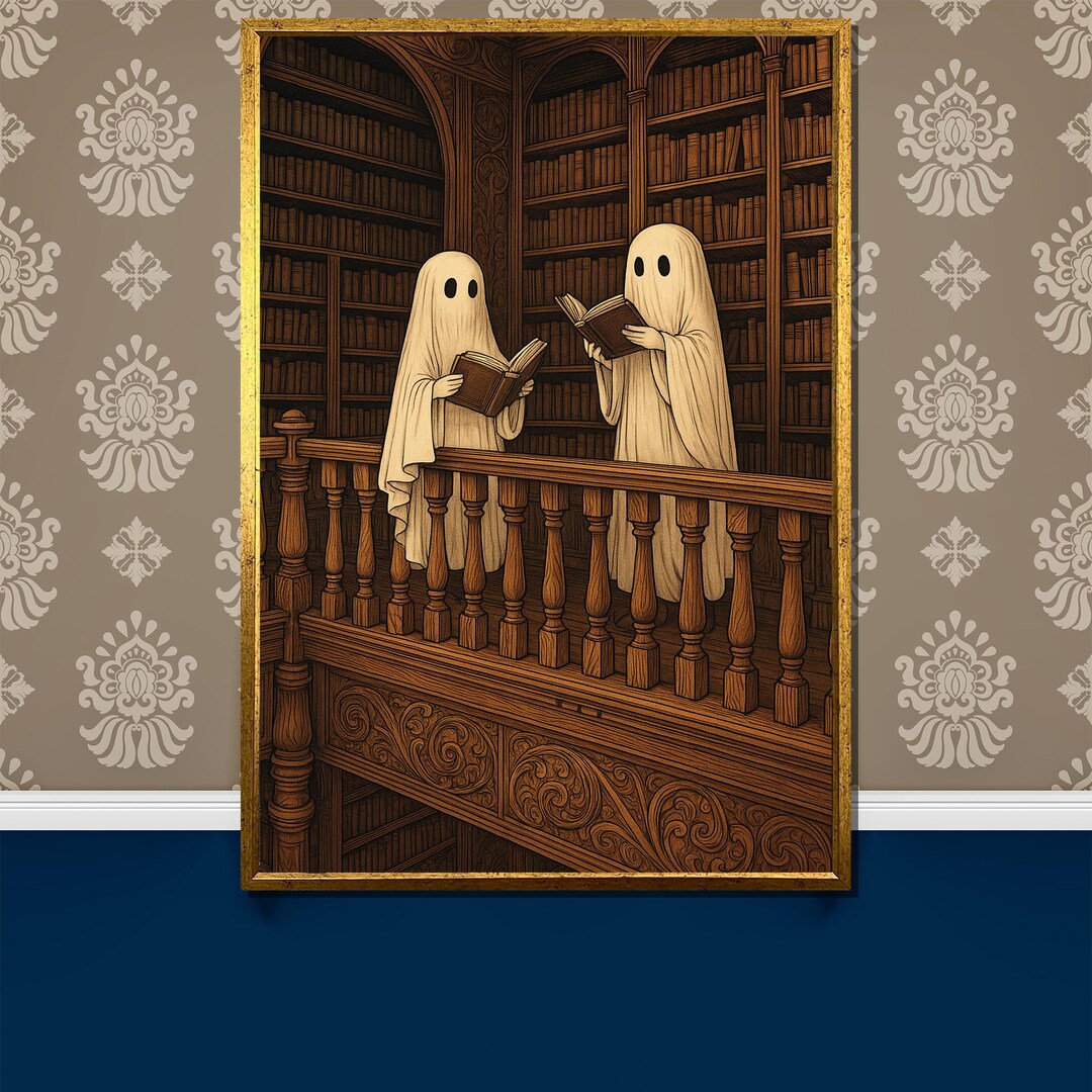 Whimsical Ghost Library Art Print – Vintage Bookish Ghosts Reading in ...