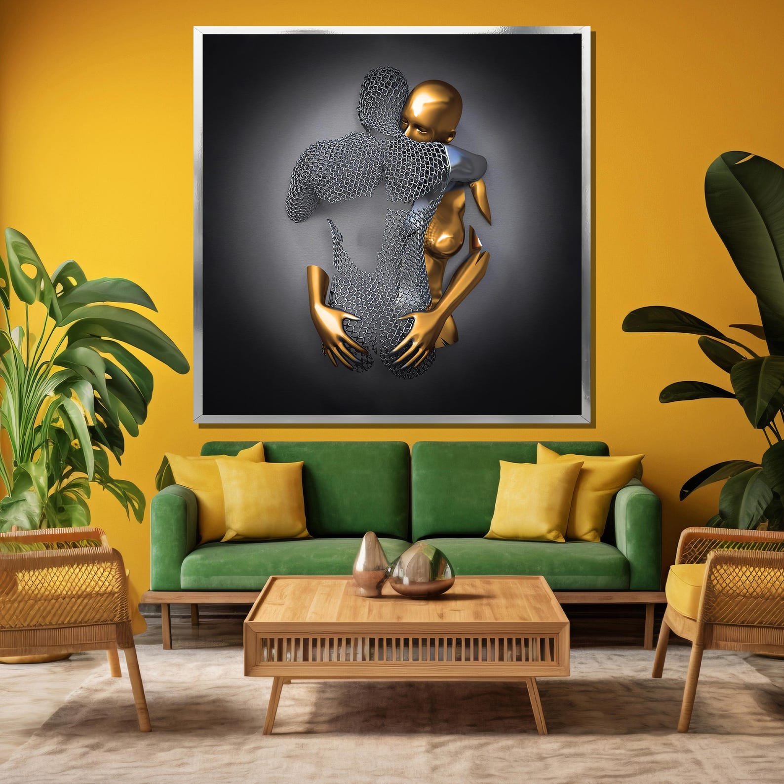 Embracing Figures Abstract Canvas Painting in Gold and Silver, Romantic ...