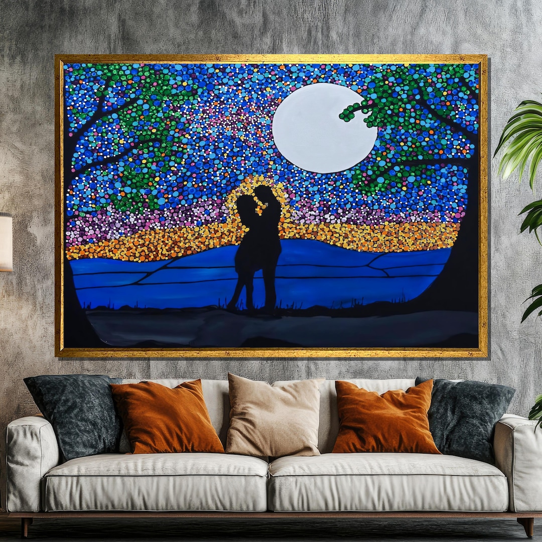 Moonlit Lovers Canvas Painting, Colorful Romantic Night Art ...