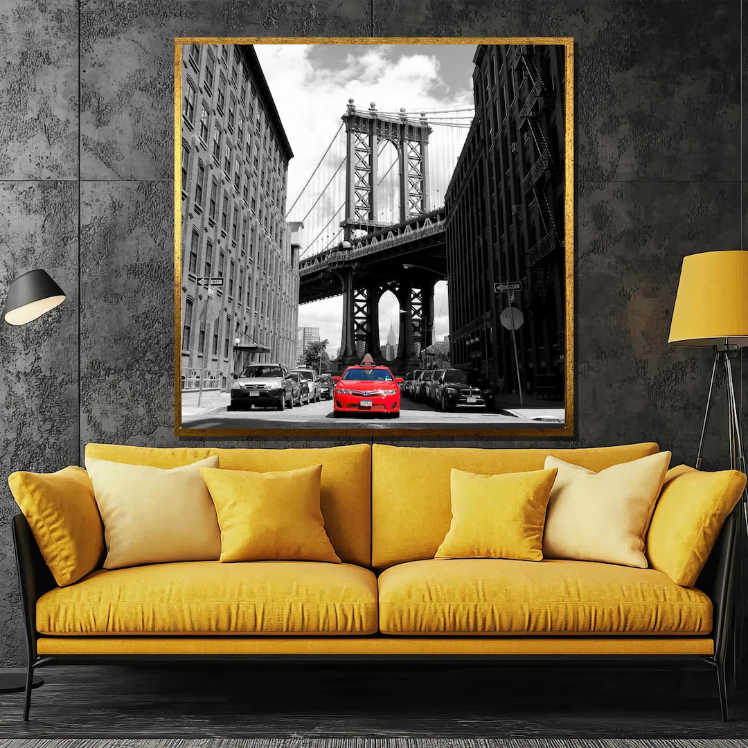 Brooklyn Bridge Red Car Highlight - Black and White Canvas Painting ...