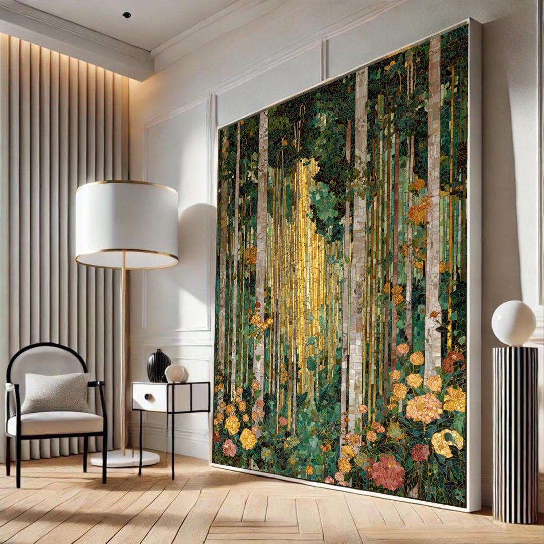 Sunlit Forest Mosaic Canvas, Nature Wall Art, Floral and Tree Design ...