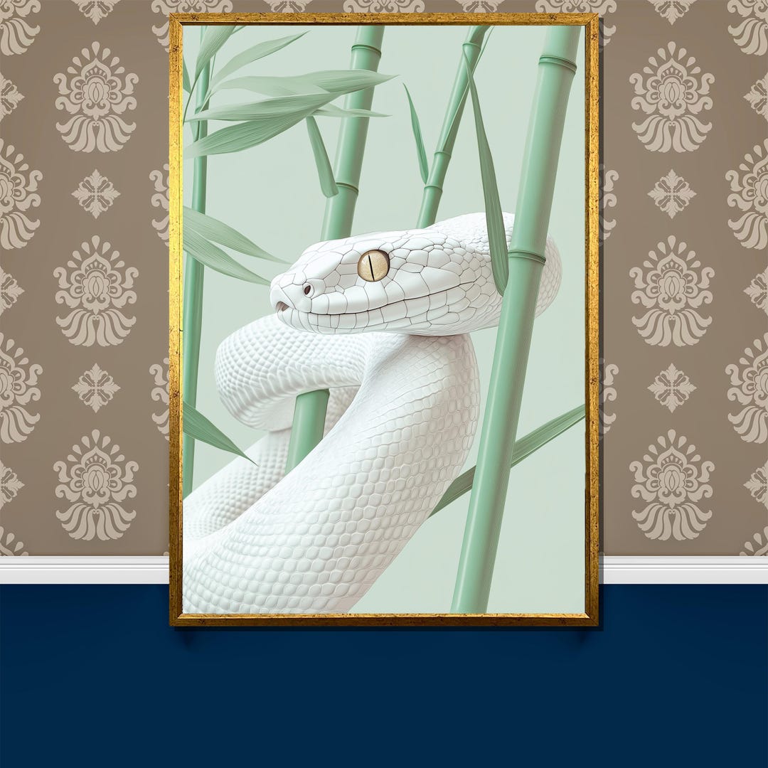 Minimalist White Snake Canvas Painting, Elegant Bamboo Jungle Wall Art ...