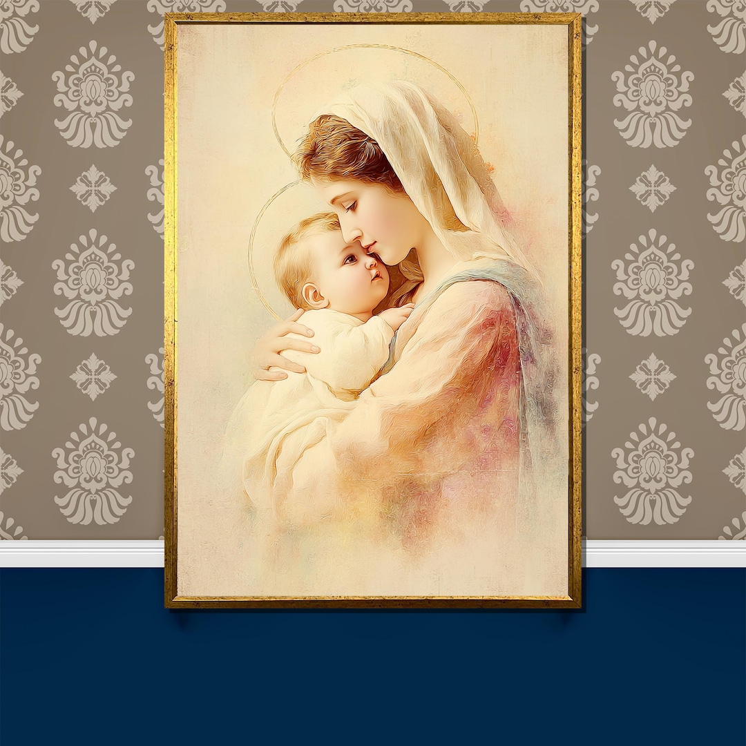 Vintage Holy Mary and Baby Jesus Canvas Painting for Spiritual Gift ...
