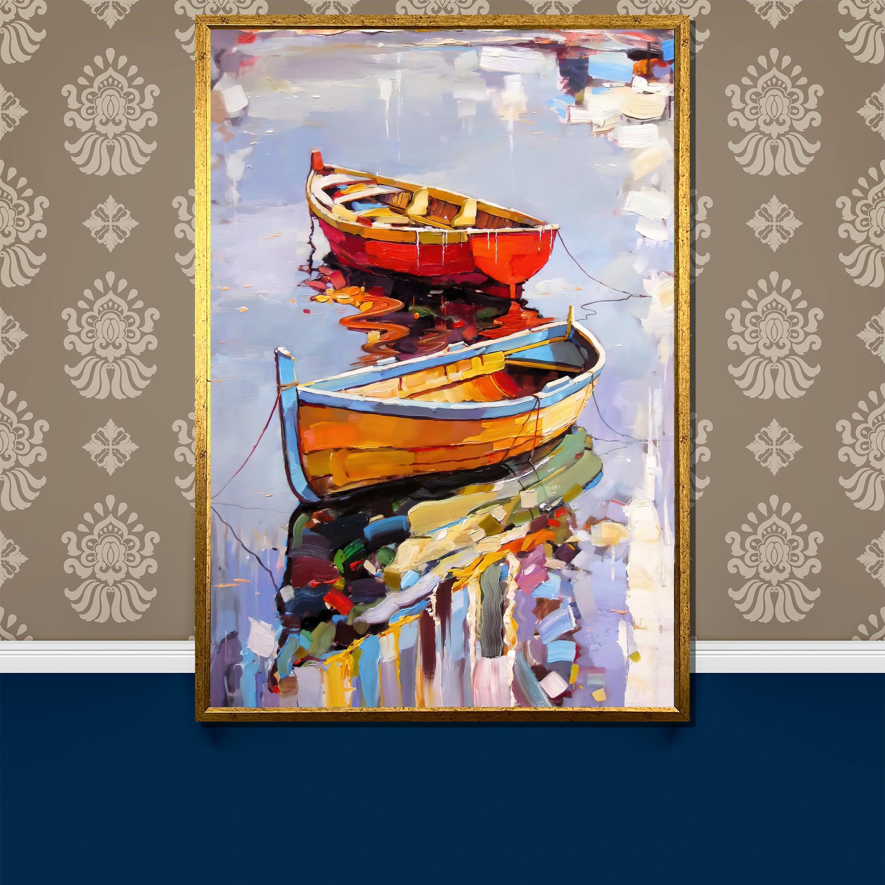 Colorful Rowboats Canvas Painting, Impressionist Lake Scene Wall Art ...