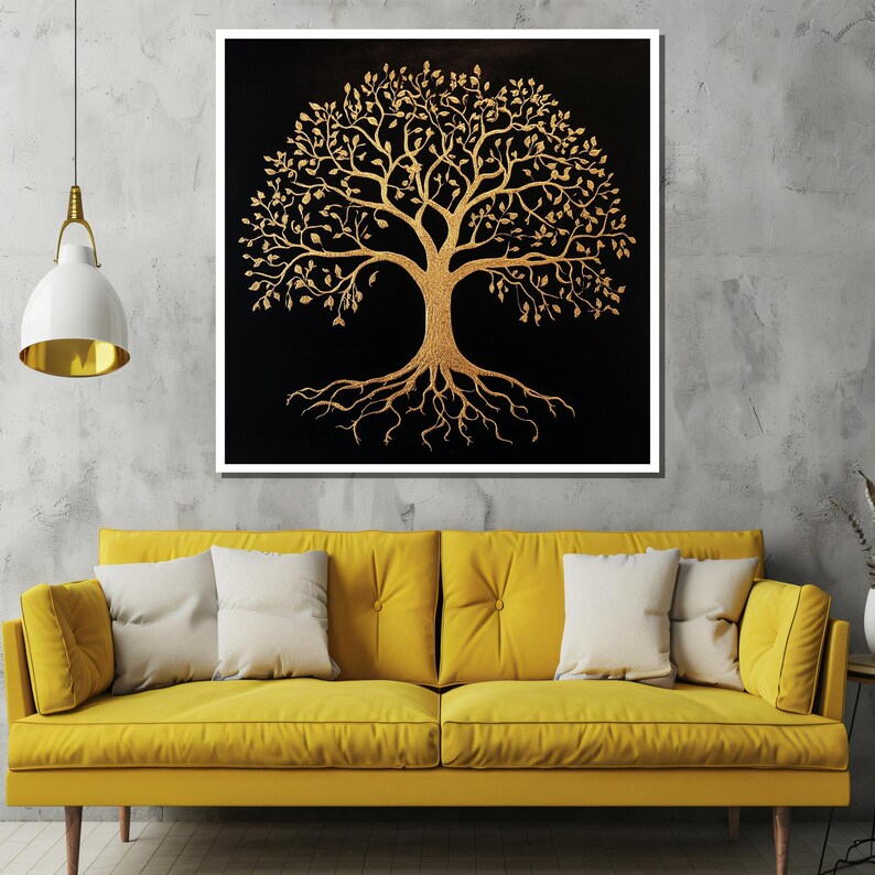 Golden Tree of Life Canvas Painting - Elegant Wall Art With Black ...