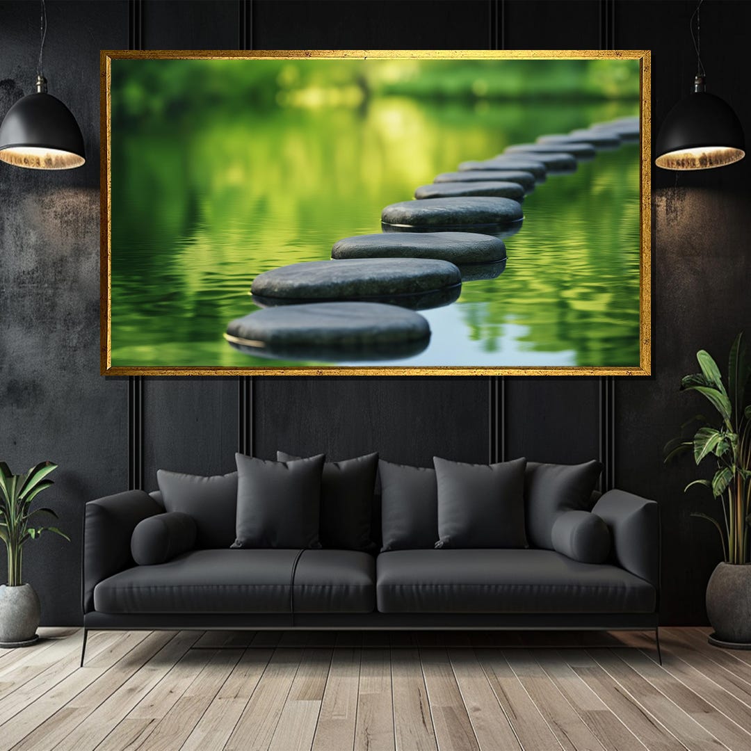 Zen Stepping Stones Canvas Painting, Tranquil Water Path Wall Art ...