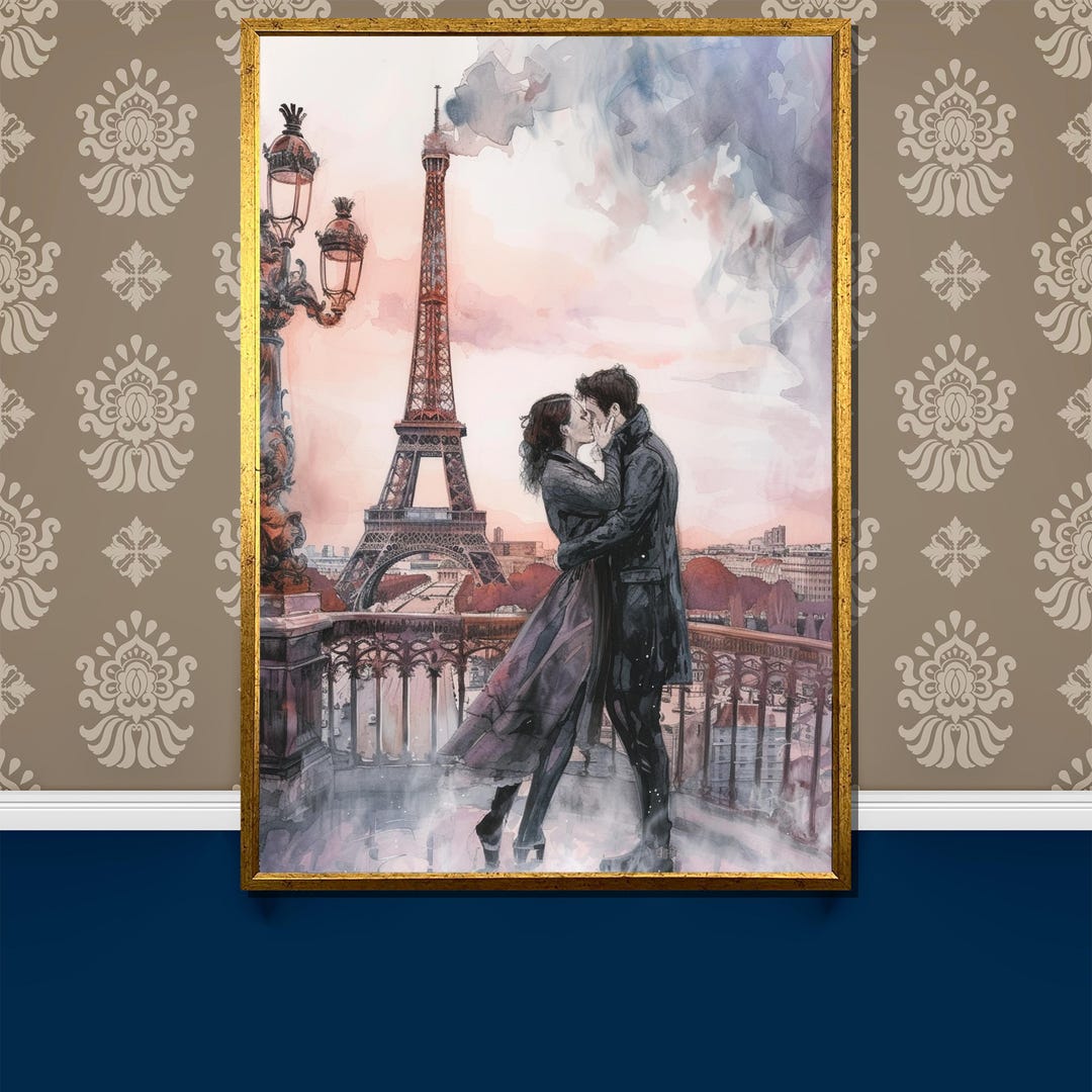 Romantic Kiss in Paris Canvas Painting, Eiffel Tower Balcony Love Scene ...