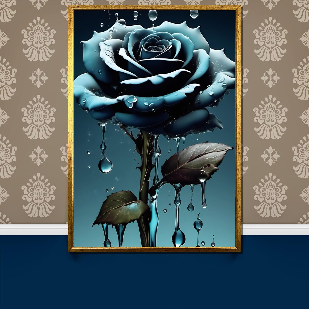 Surreal Blue Rose Canvas Painting Gift, Dreamy Water Droplets Floral ...