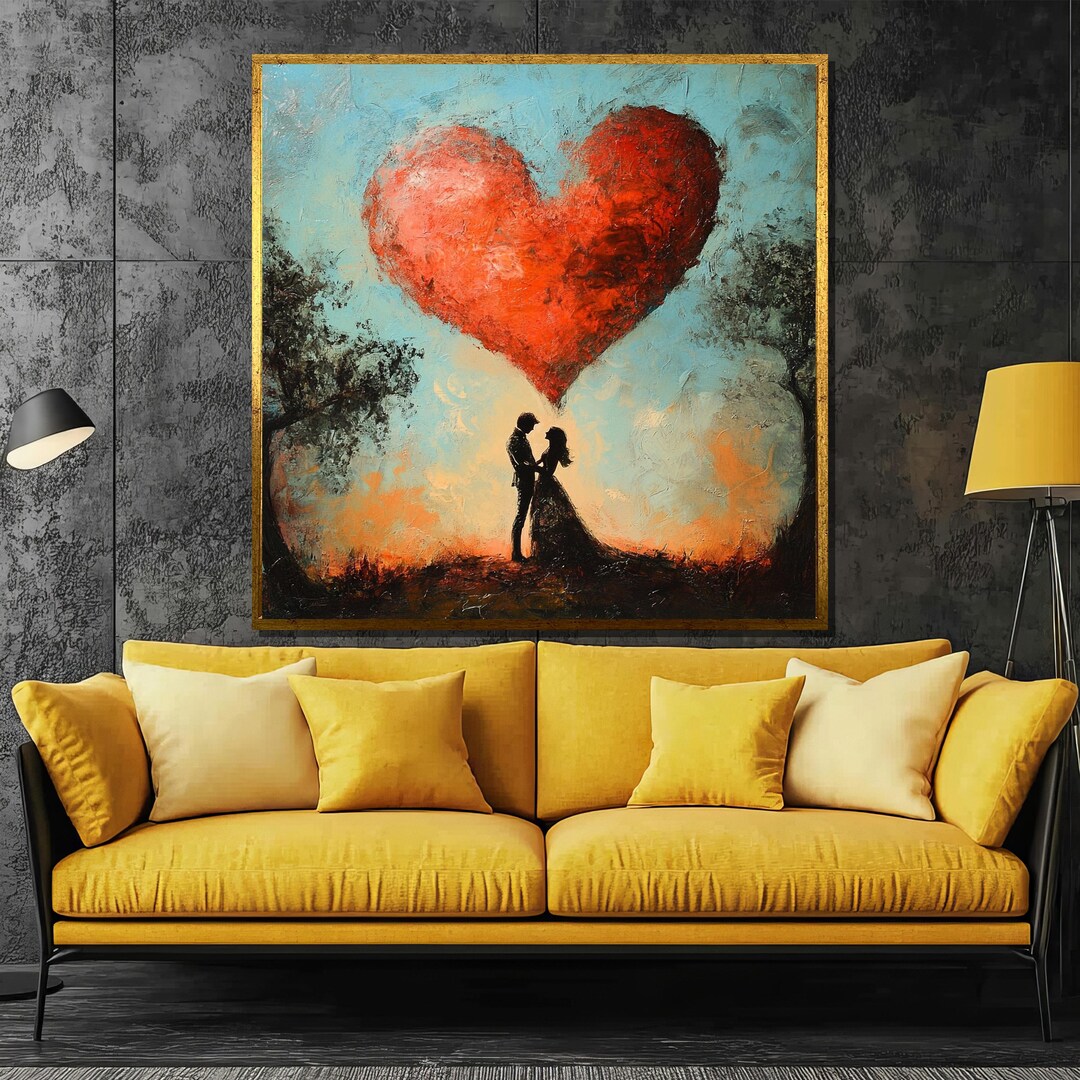 Romantic Couple Canvas Painting – Heart Love Wall Art – Anniversary ...