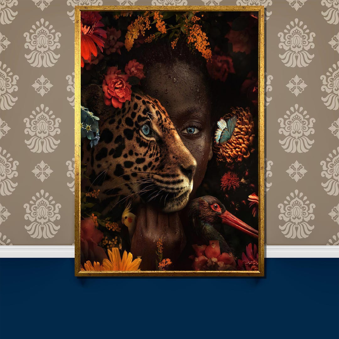 Enchanting Leopard and Woman Canvas Painting | Surreal Fusion of Nature ...