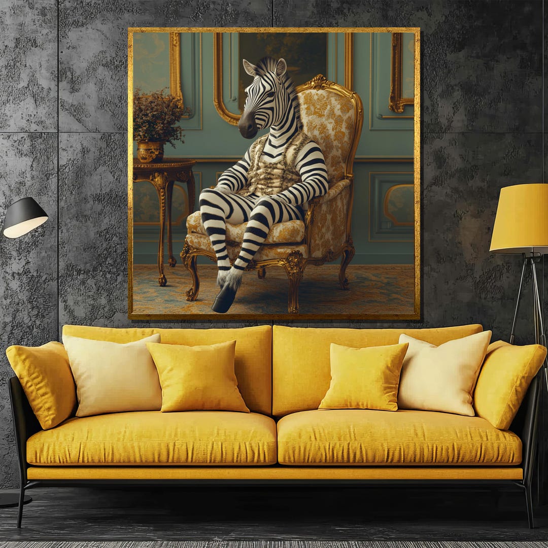 Elegant Zebra Canvas Painting, Surreal Animal Portrait Wall Art, Royal ...