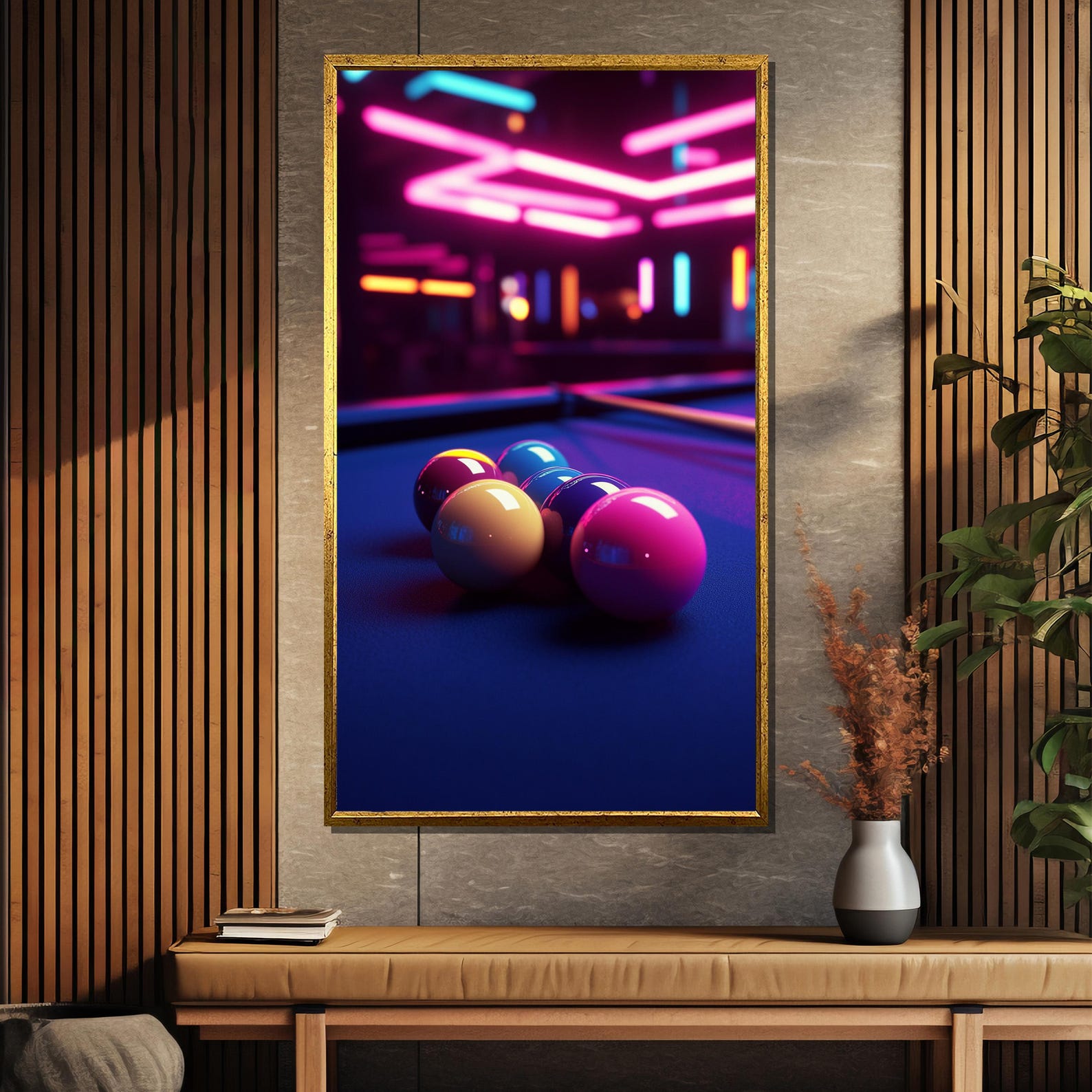 Neon Billiards Canvas Painting, Pool Table Wall Art, Retro Futuristic ...