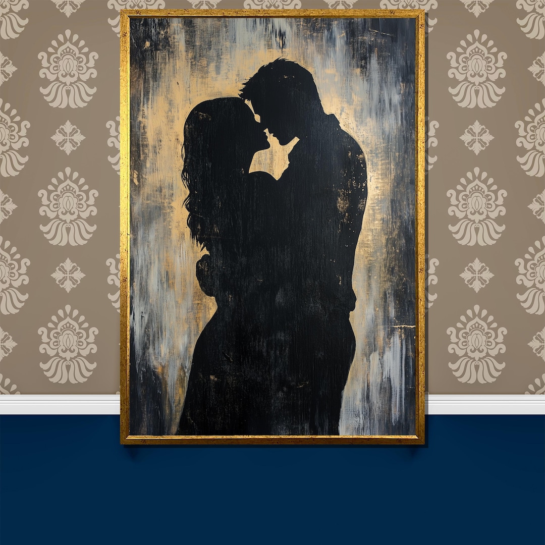 Romantic Silhouette Couple Canvas Painting, Black and Gold Love Art ...