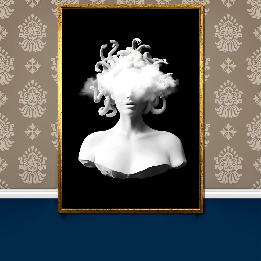 Medusa Bust Canvas Painting - Surreal Smoke Art, Mythical Modern Wall ...
