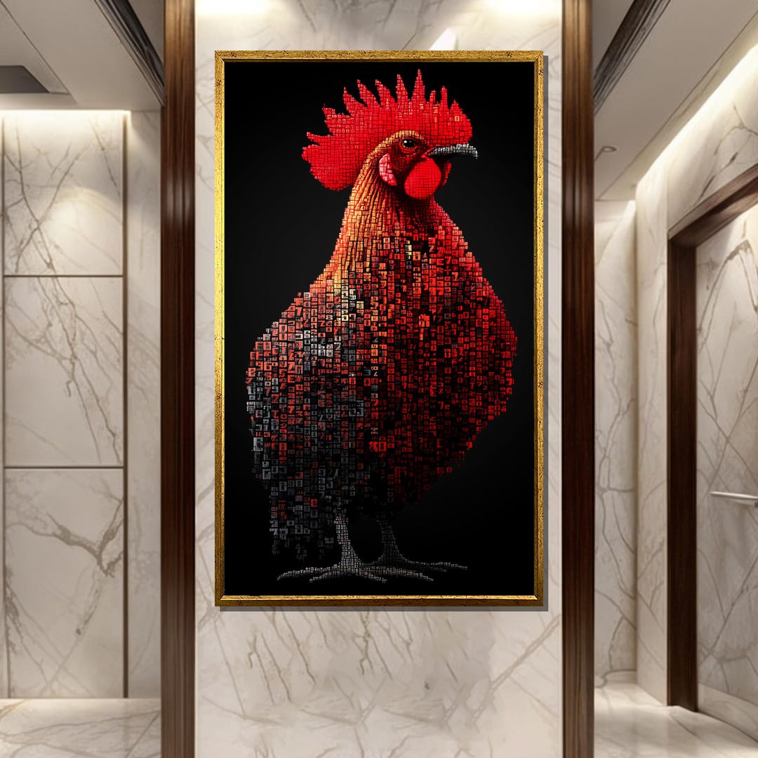 Digital Rooster Canvas Painting - Abstract Cyberpunk Animal Art, Modern ...