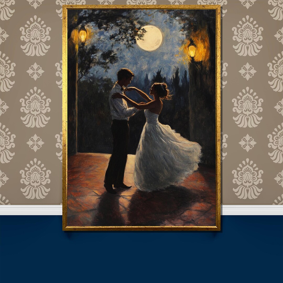 Moonlit Dance Canvas Painting, Enchanting Romantic Night Scene of ...
