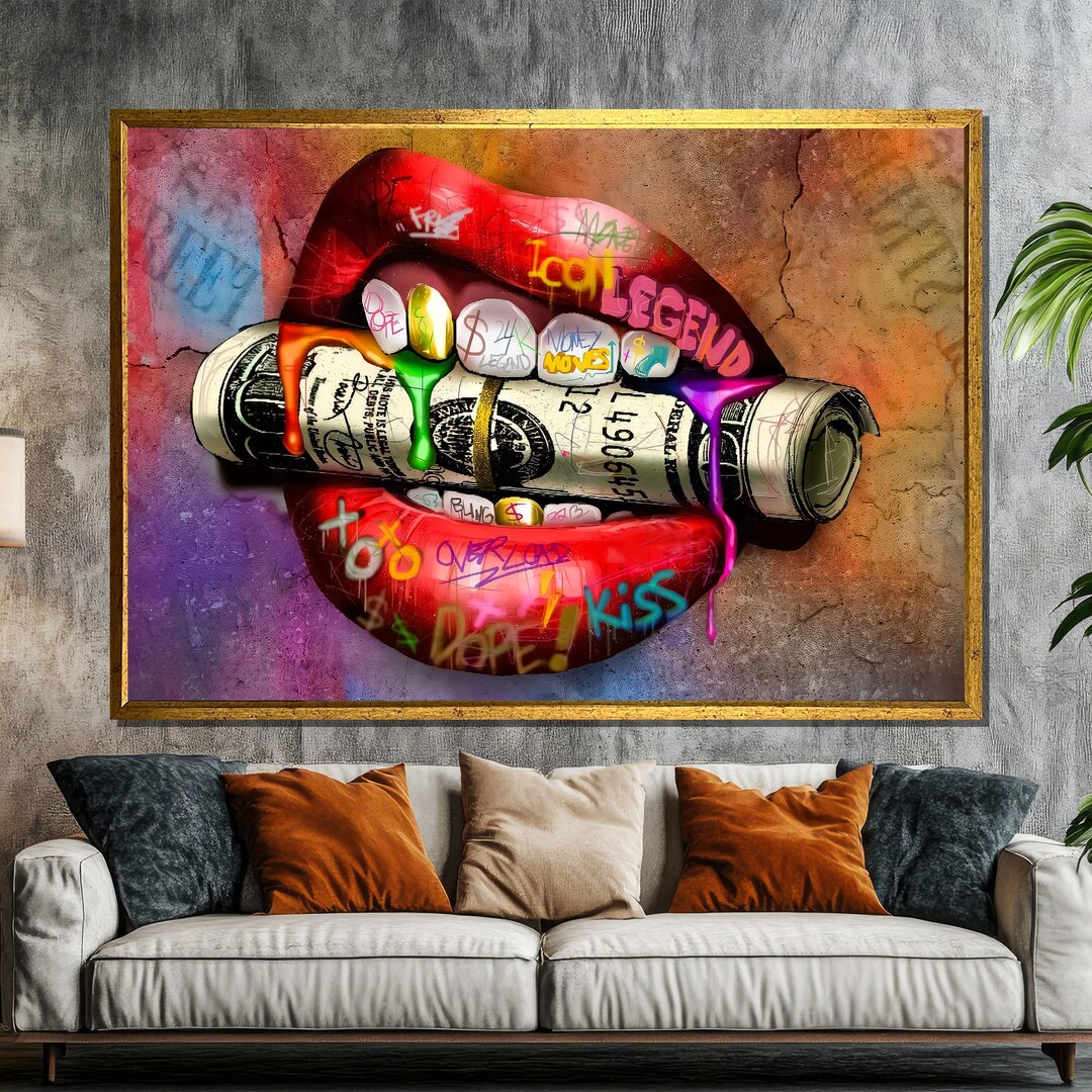 Graffiti Money Lips Canvas Painting - Bold Pop Art for Trendy Home ...