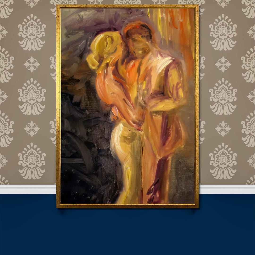 Abstract Romantic Couple Canvas Painting, Lovers' Intimate Moment Wall ...