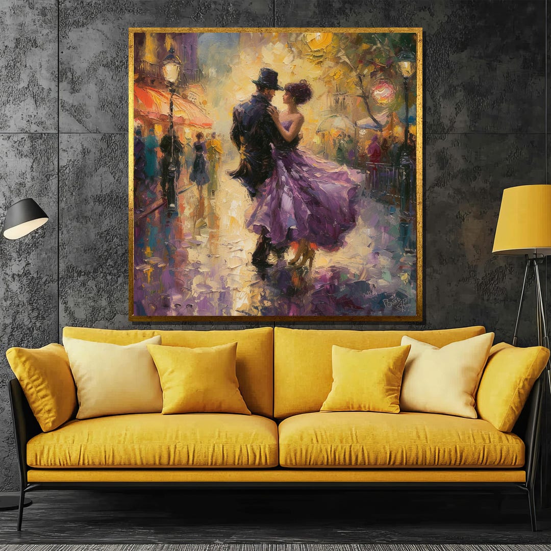 Romantic City Stroll Canvas Painting - Couple Dancing Under ...