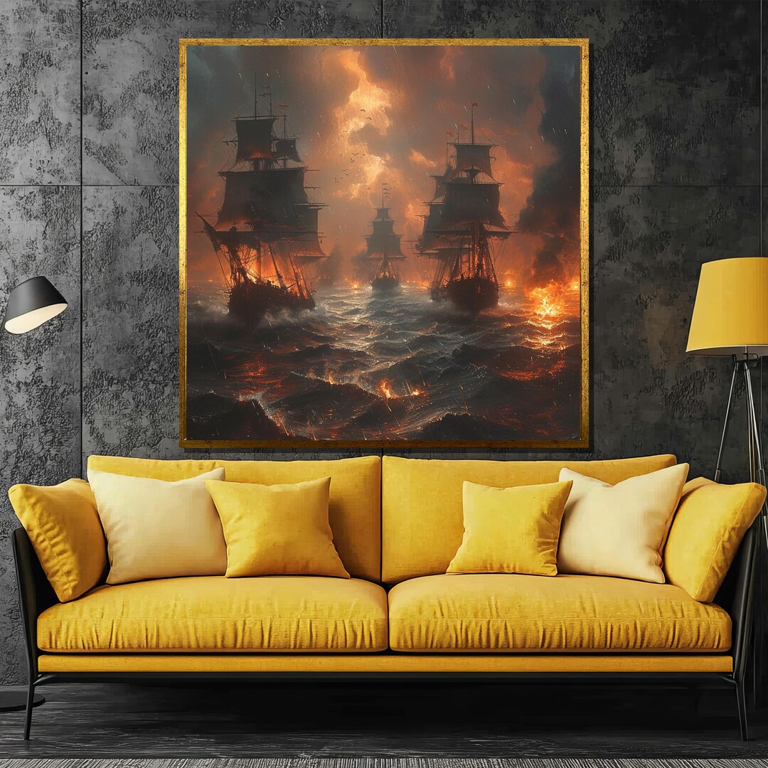 Epic Naval Battle at Sea Canvas Painting – Intense Nautical Wall Art ...