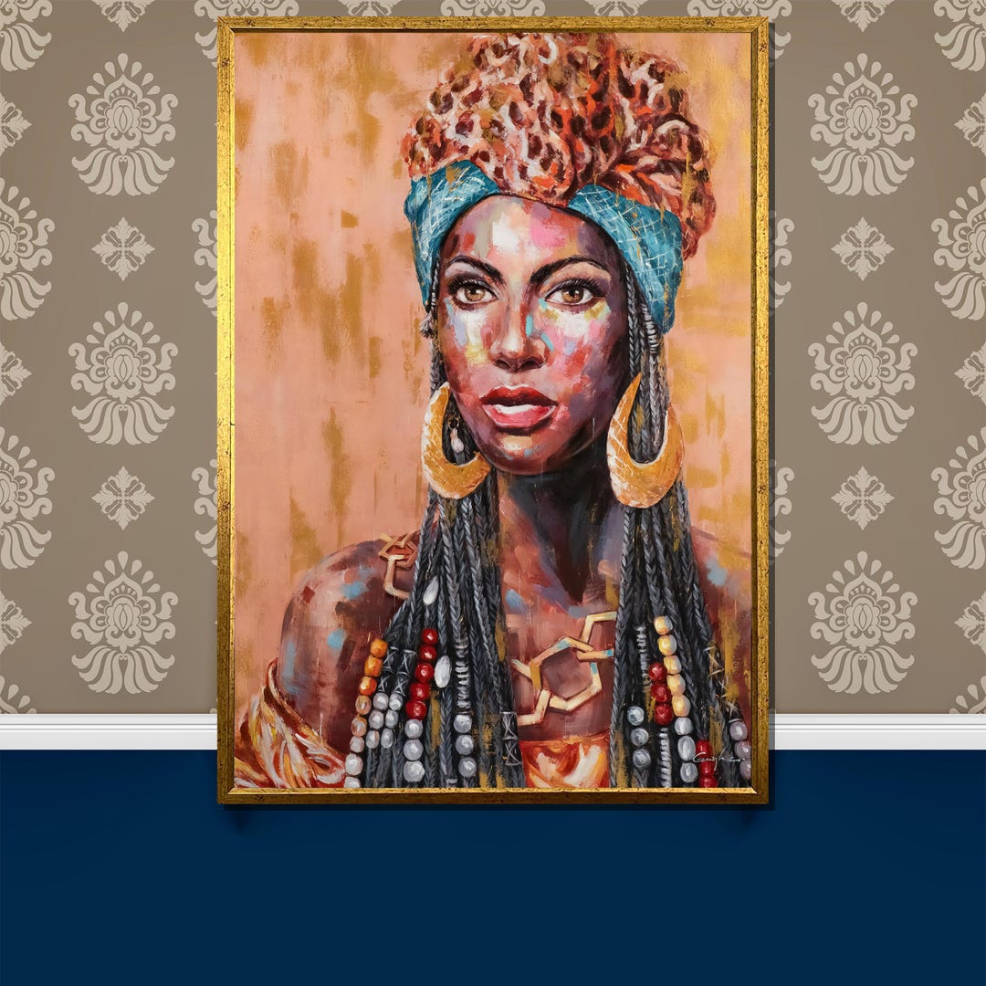 Colorful Woman With Leopard Headwrap Canvas Painting, Ethnic Female ...