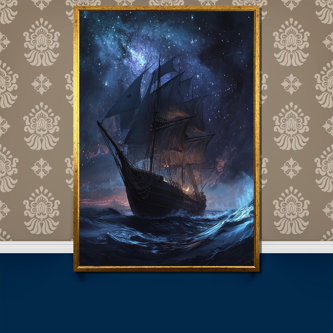 Mystical Sailing Ship Under Starry Night Canvas Painting | Dark ...