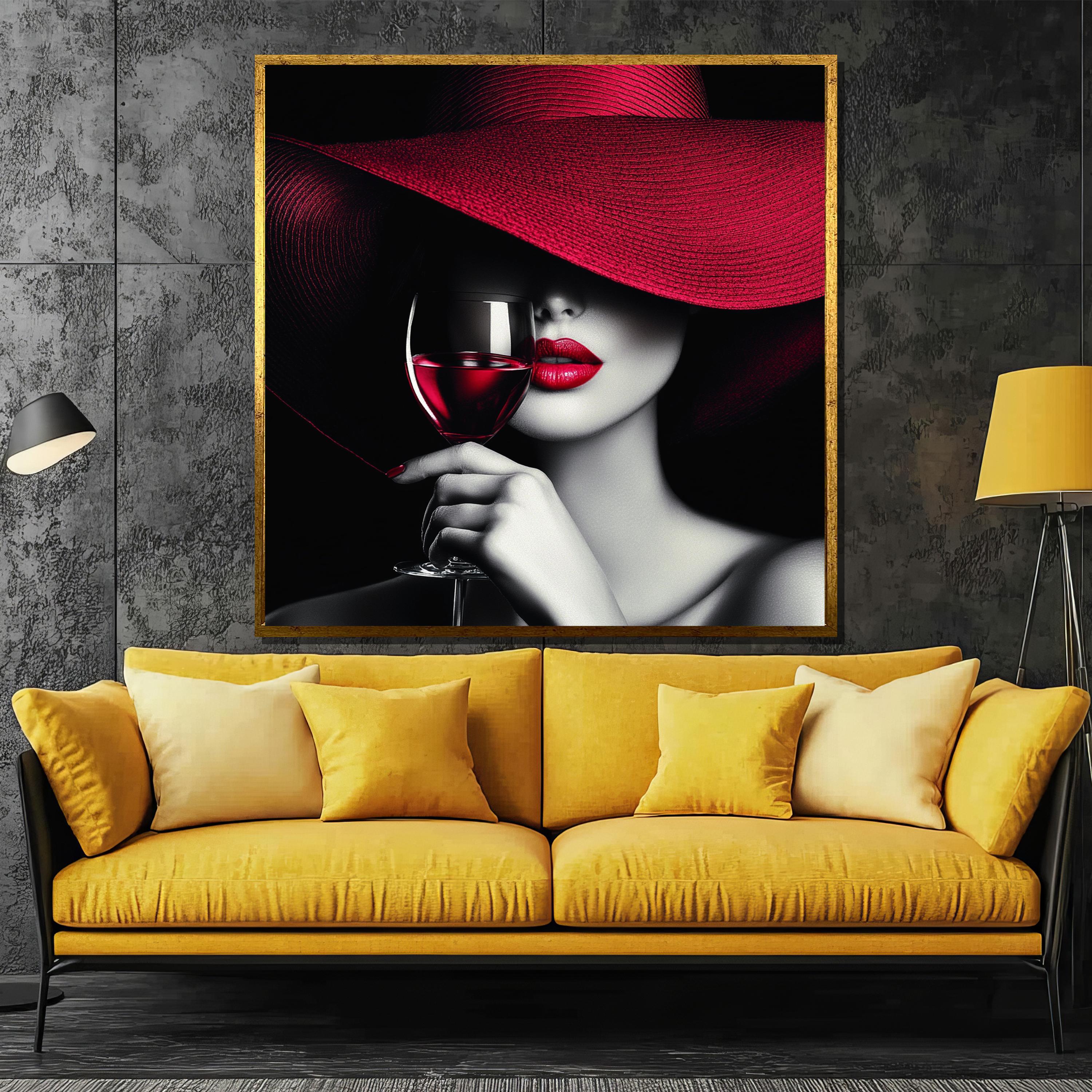 Glamorous Canvas Painting of Woman With Red Hat and Wine Glass, Elegant ...
