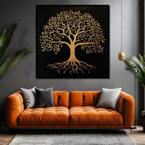 Golden Tree of Life Canvas Painting - Elegant Wall Art With Black ...