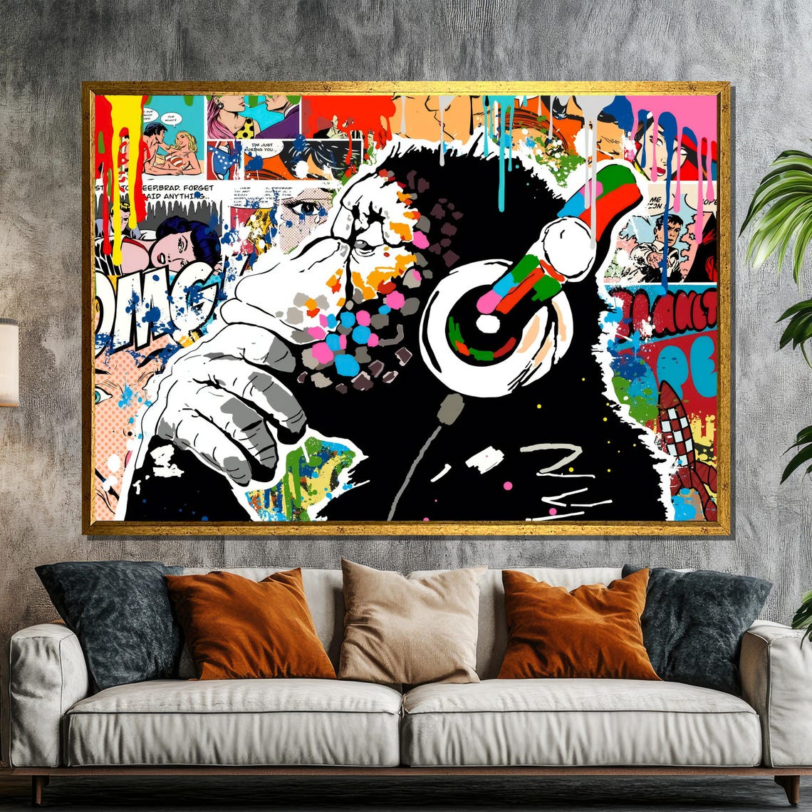Graffiti Music Ape Canvas Painting - Vibrant Street Art With Headphones ...