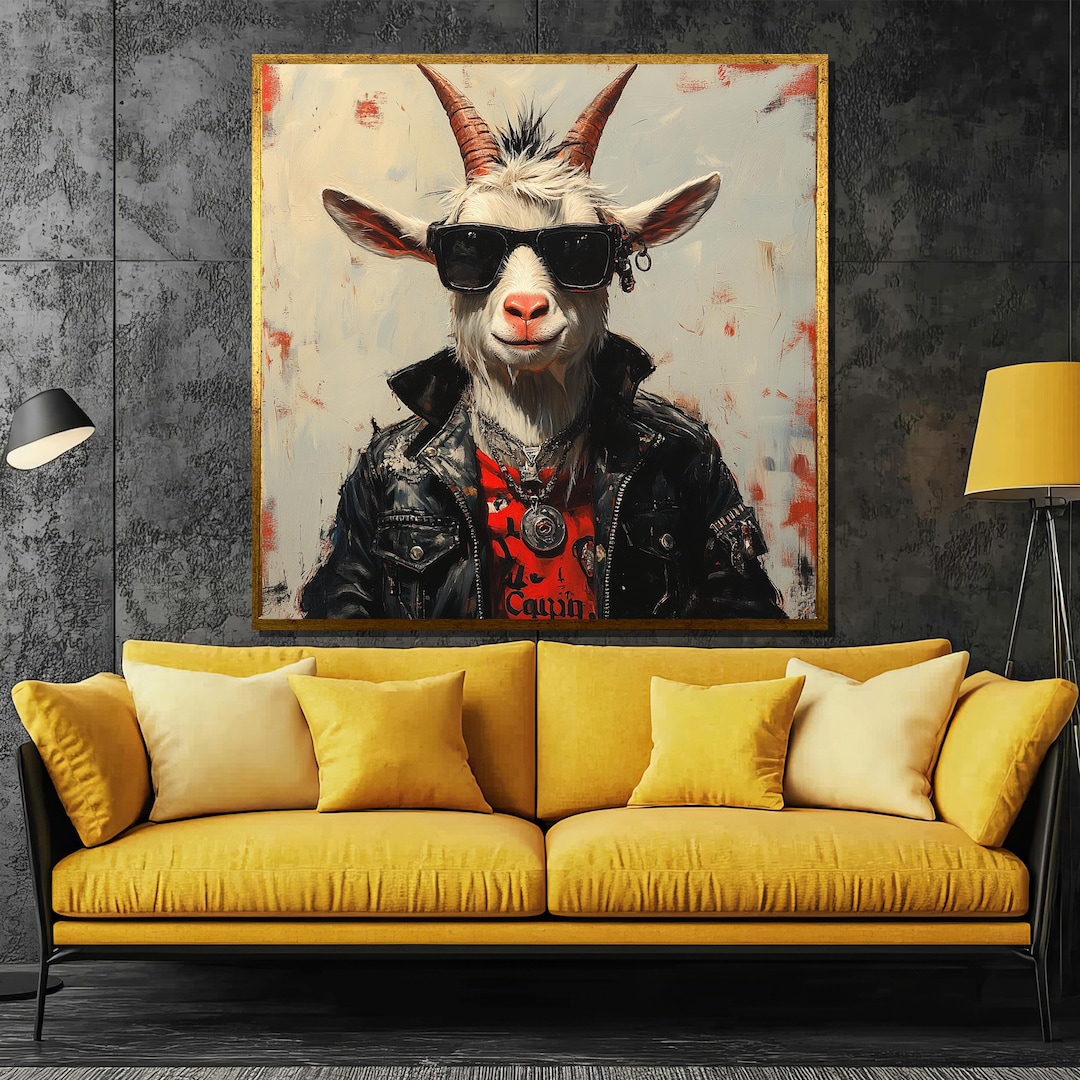 Punk Rock Goat Canvas Painting, Cool Animal Wall Art, Rebel Goat in ...