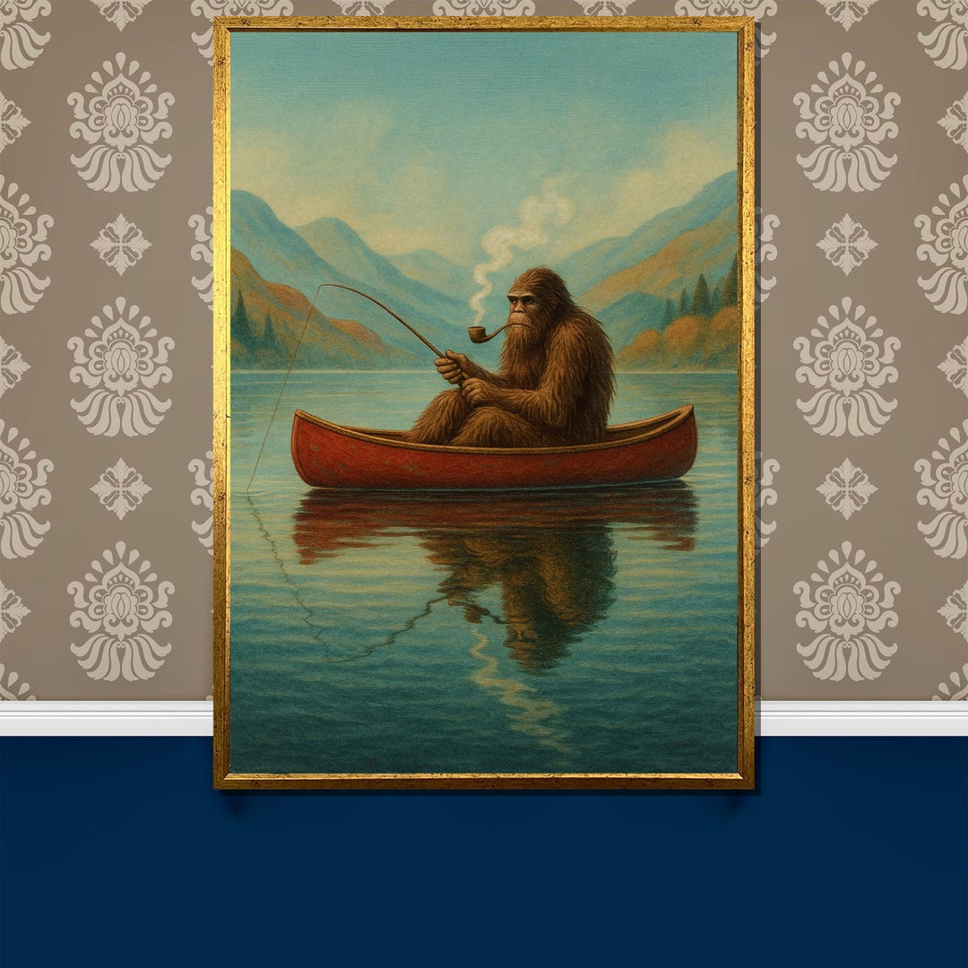 Bigfoot Fishing in Canoe Canvas Painting Gift – Whimsical Sasquatch ...