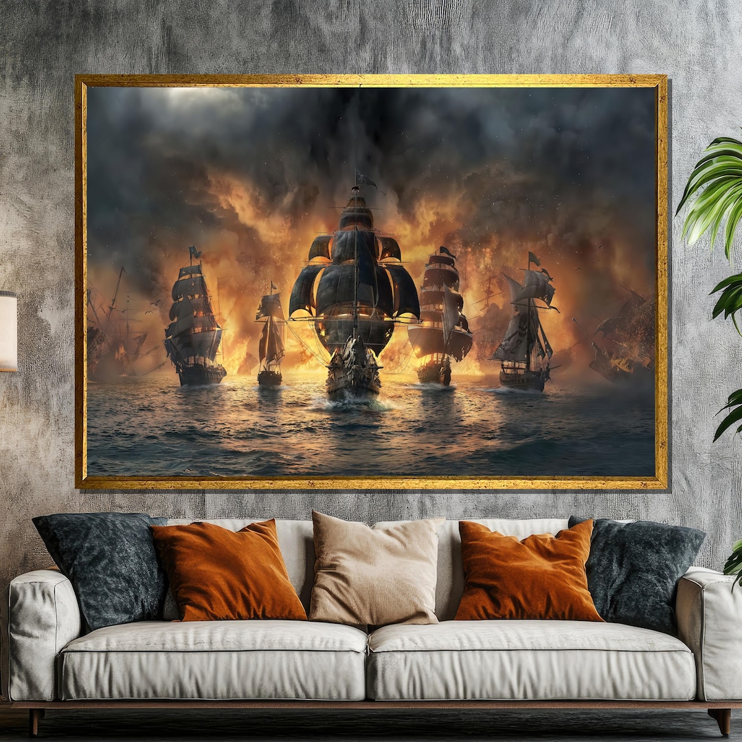 Epic Naval Battle Canvas Painting | Dramatic Fiery Ship Scene Art Gift ...