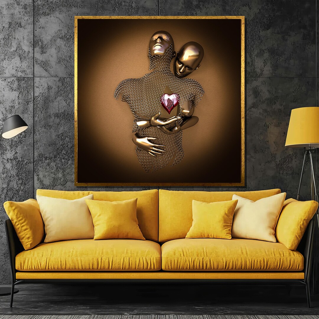 Golden Abstract Lovers Embrace Canvas Painting - Unique Heart ...
