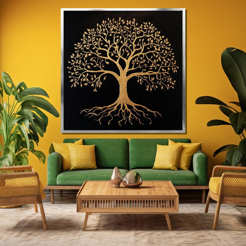 Golden Tree of Life Canvas Painting - Elegant Wall Art With Black ...