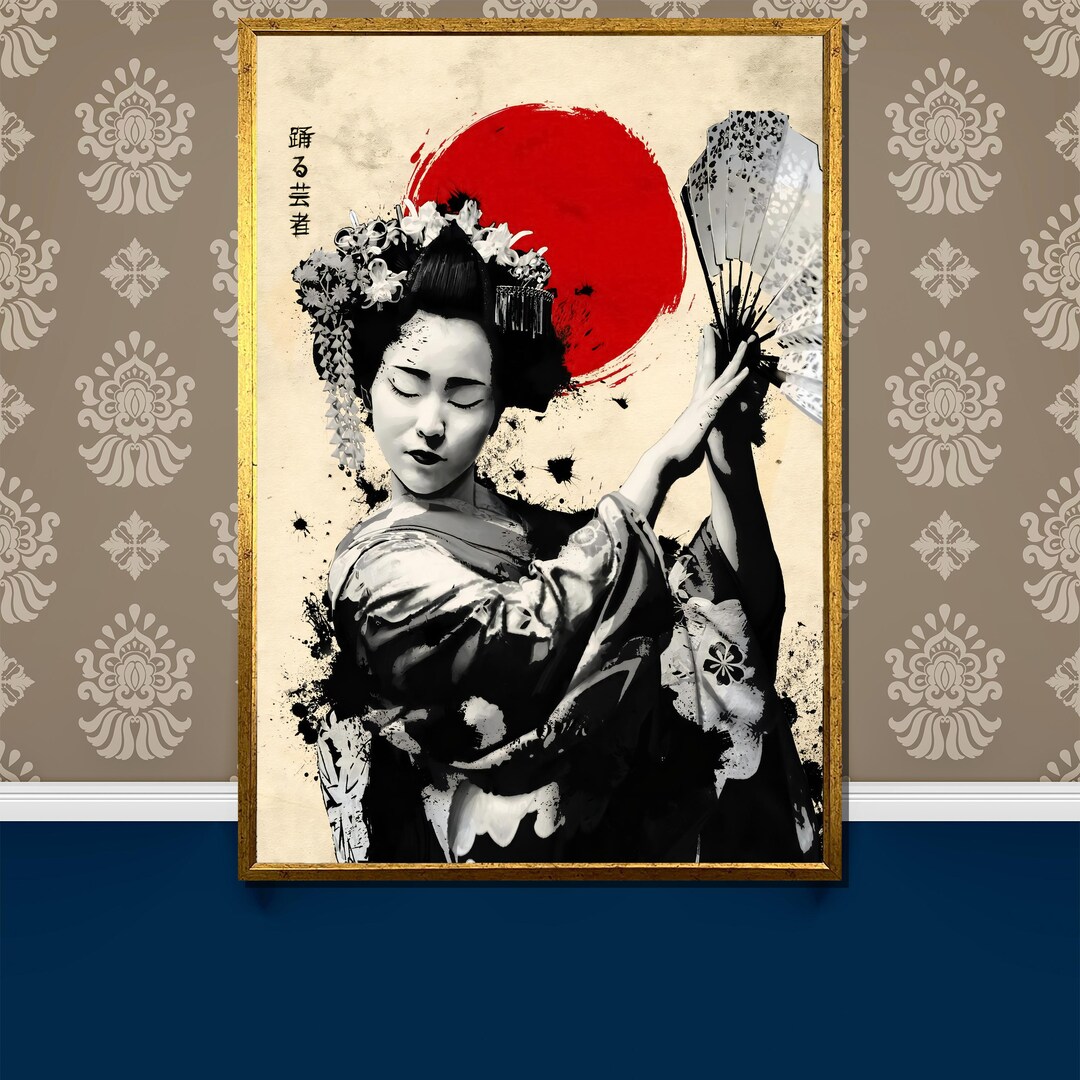 Japanese Geisha Canvas Painting With Fan, Traditional Asian Art ...
