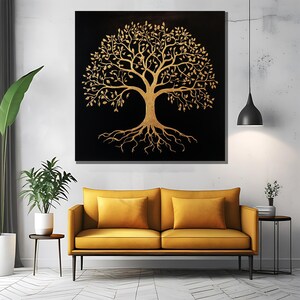 Golden Tree of Life Canvas Painting - Elegant Wall Art With Black ...
