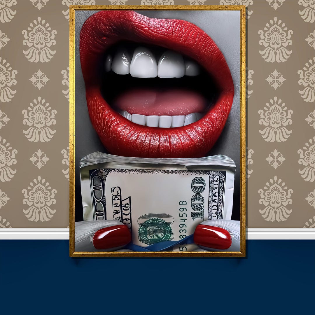 Red Lips and Money Stack Canvas Painting - Bold Modern Art Gift, High ...