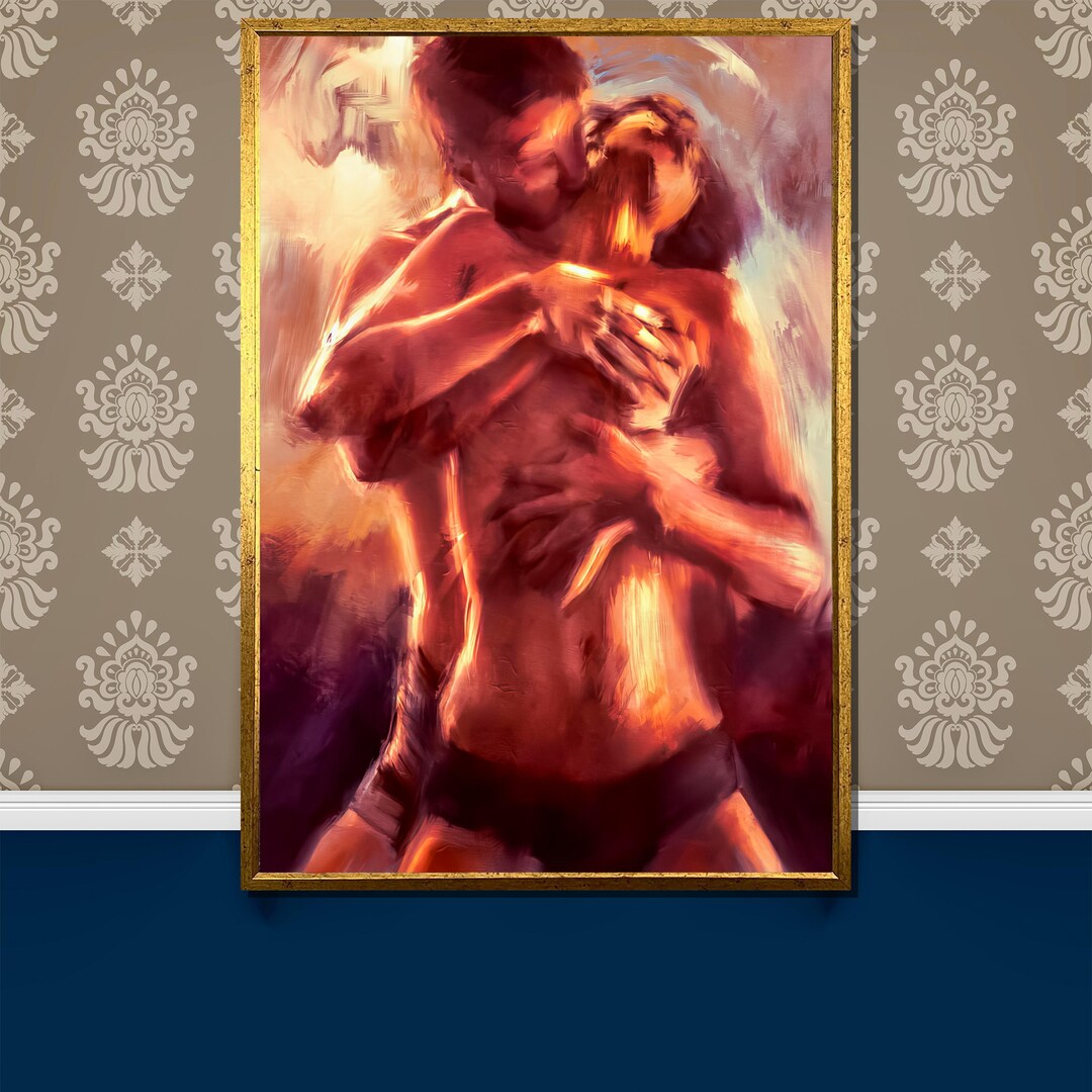 Passionate Lovers Embrace Canvas Painting, Sensual Couple in Fiery Moment, Romantic Bedroom Art ...