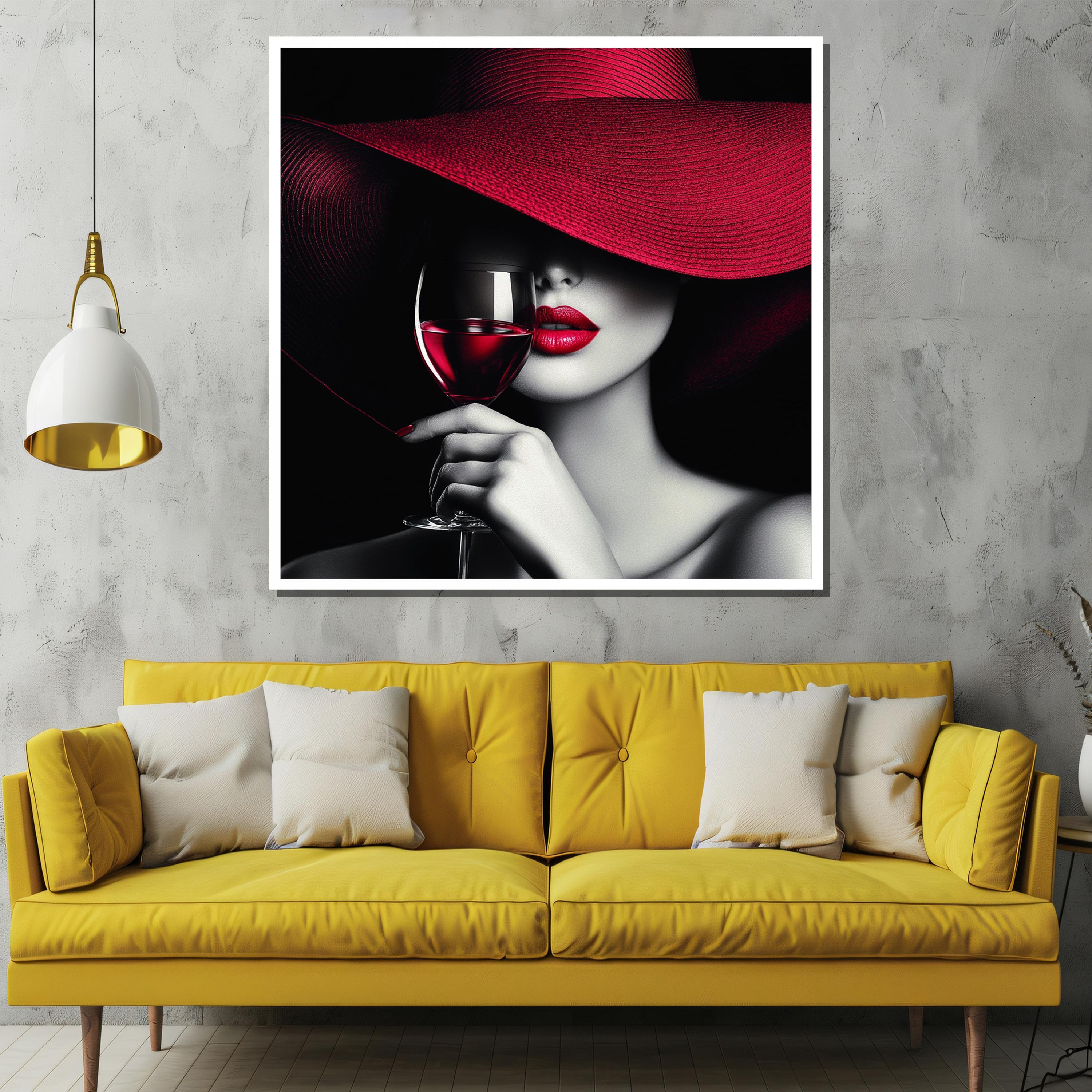 Glamorous Canvas Painting of Woman With Red Hat and Wine Glass, Elegant ...