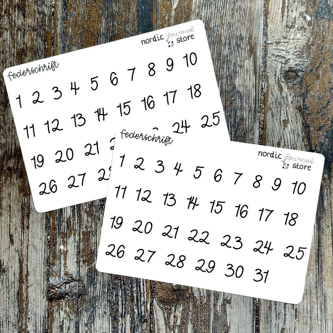 Stickerbogen - Federschrift | Datum Sticker | Zahlen 1- 31 | 1 Monat Je ...