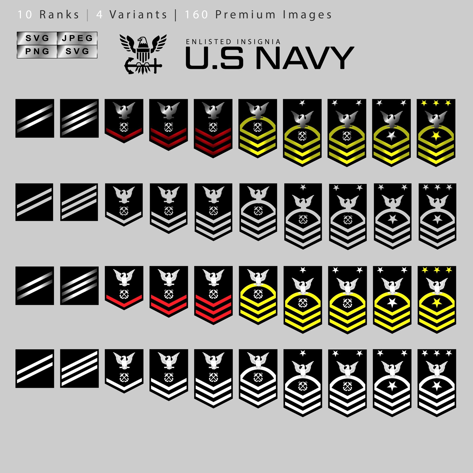 US Navy Enlisted Ranks | Insignia | 144 File Set | SVG, PNG, Jpg, Webp ...