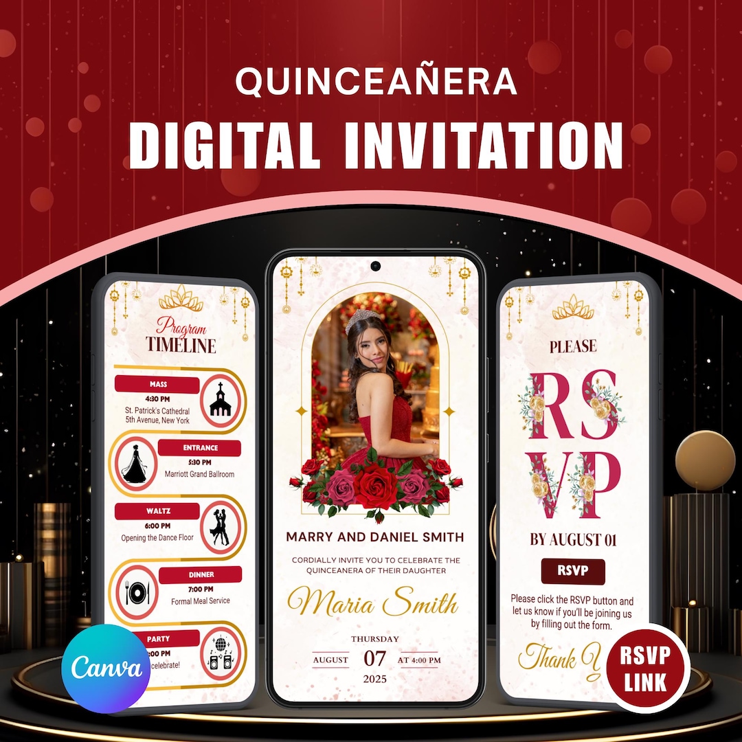 Digital Quinceanera Invitation Template Red Gold Quinceanera Invitation ...