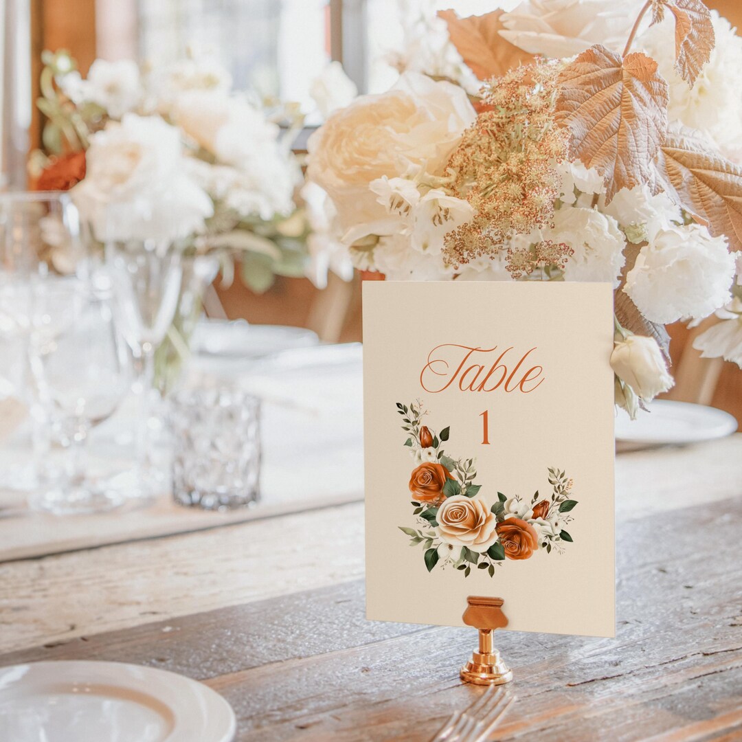 Burnt Orange and Ivory Roses Table Numbers Elegant Wedding Printable ...