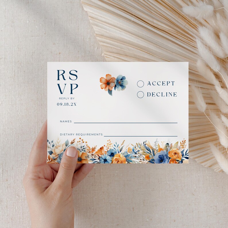 Burnt Orange and Blue RSVP Template Editable 5x3.5 Printable Response ...