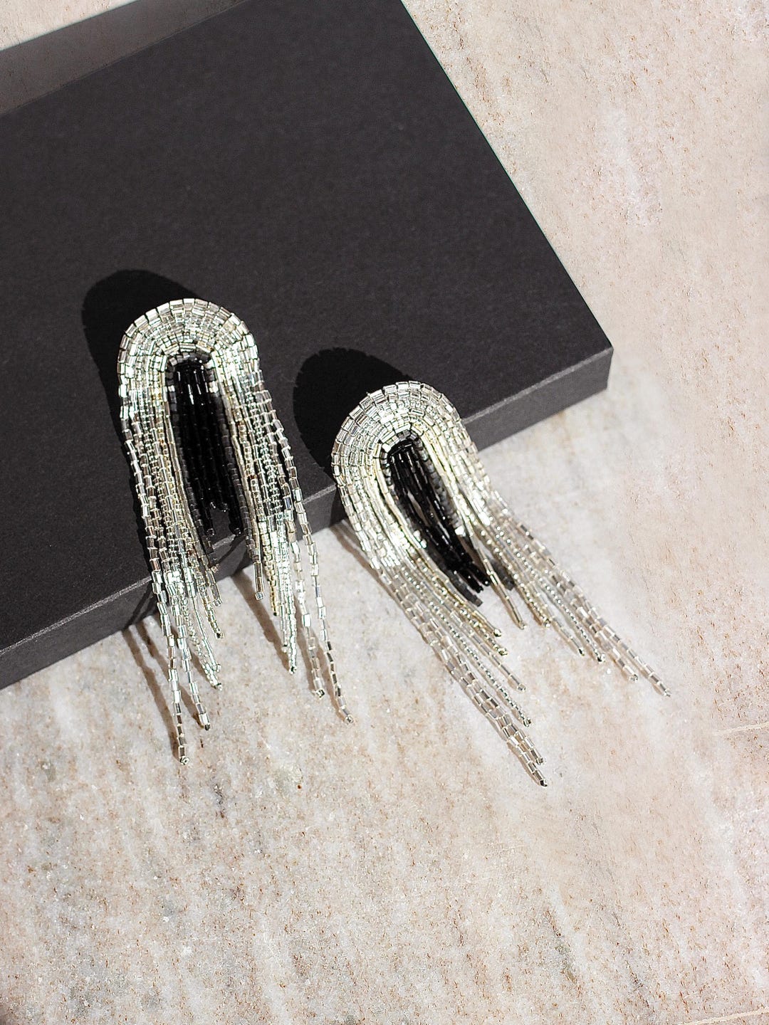 Handmade Ukrainian Fringe Beaded Earrings in Silver and Black ...