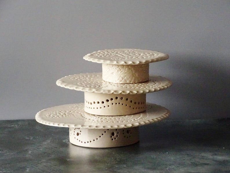 Handmade Ceramic Cake Stand: White Lace Pottery, Rustic Wedding Decor ...