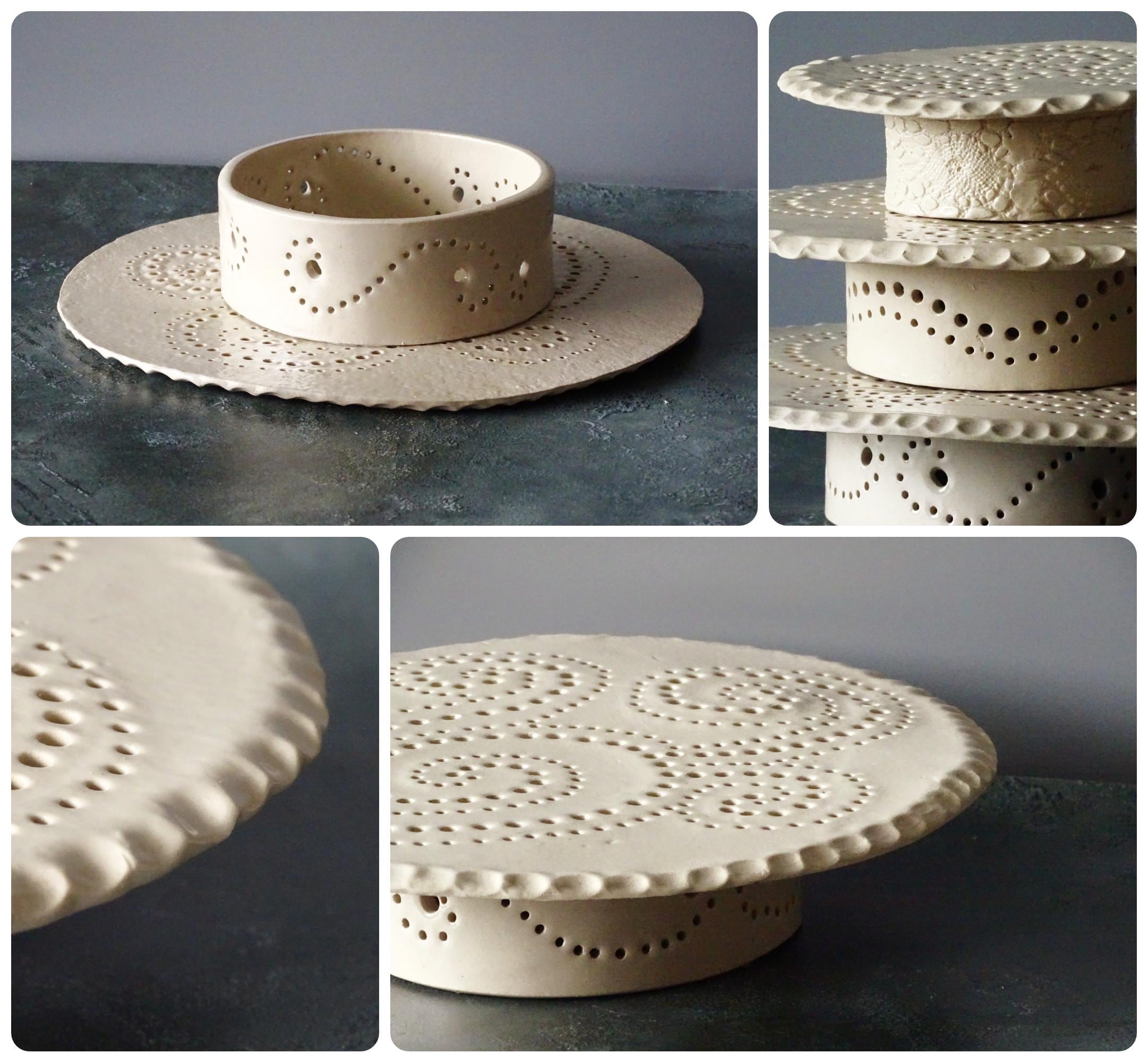 Handmade Ceramic Cake Stand: White Lace Pottery, Rustic Wedding Decor ...