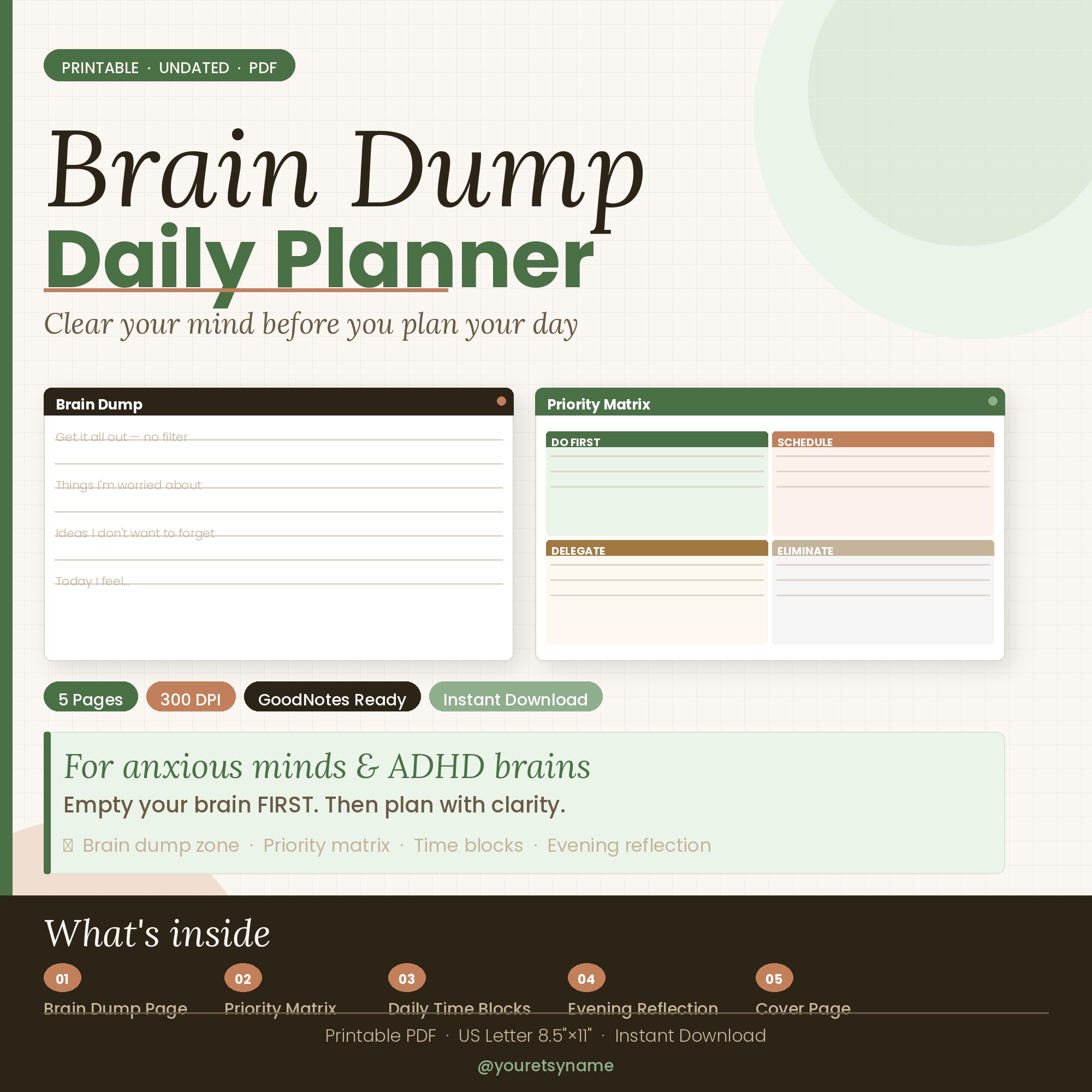 Brain Dump Daily Planner Printable PDF | Anxiety & ADHD Daily Planner ...